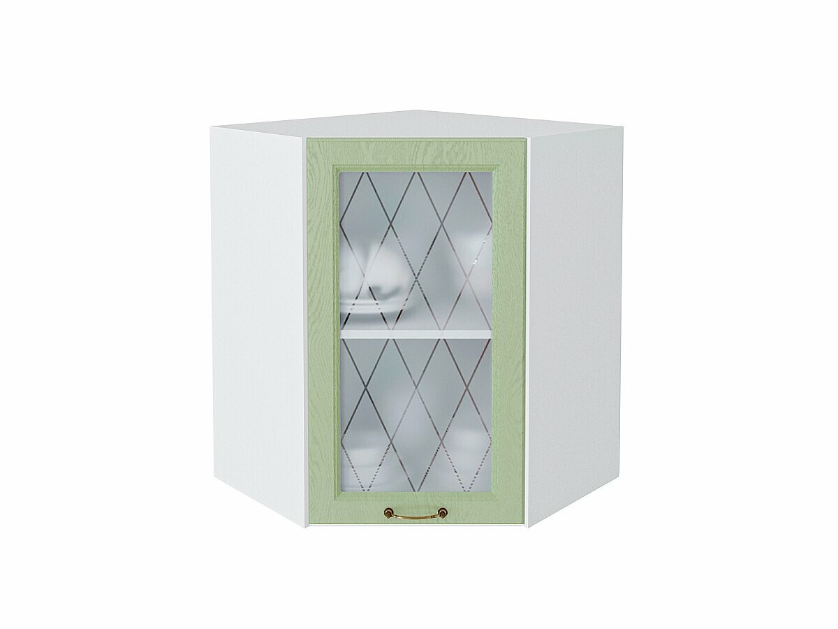 Шкаф верхний угловой остекленный Ницца, цвет фасада Дуб оливковый, цвет каркаса Белый, стекло White Сrystal, 716*600*600 мм