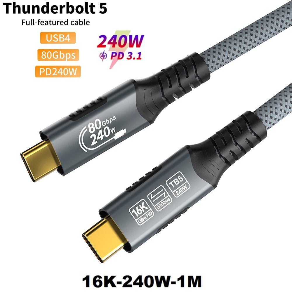 8K USB4 Тип C Кабель 40 Гбит/с 240 Вт PD3.1 QC4.0 Для Samung Thunderbolt 4 Кабель для быстрой зарядки Thunderbolt3 USB C к C Передача данных 16K-240W-1M