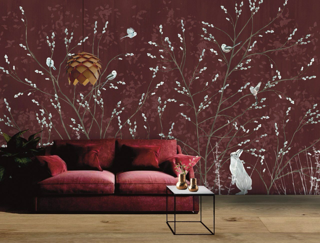 Обои бесшовные "Весенний день" бордовый (ширина 2550мм х длина 3000мм)