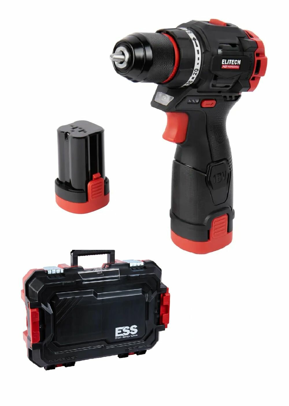 Дрель-шуруповерт аккумуляторная бесщеточная Elitech HD CD 16L2, 16 В Li-ion 2x2 Ач