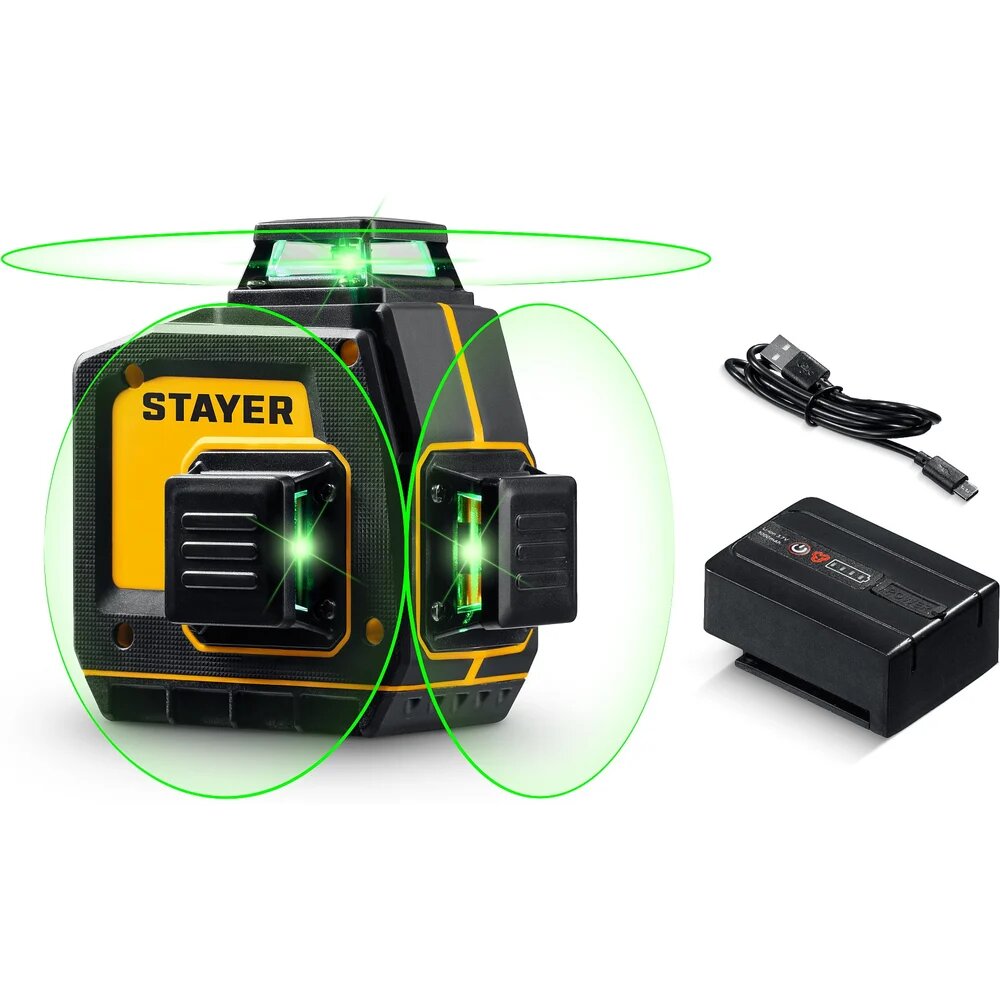 Зеленый лазерный нивелир STAYER SL-3D, 50м, точн. +/-0,5 мм/м 34963, и стен, вентиляционных систем