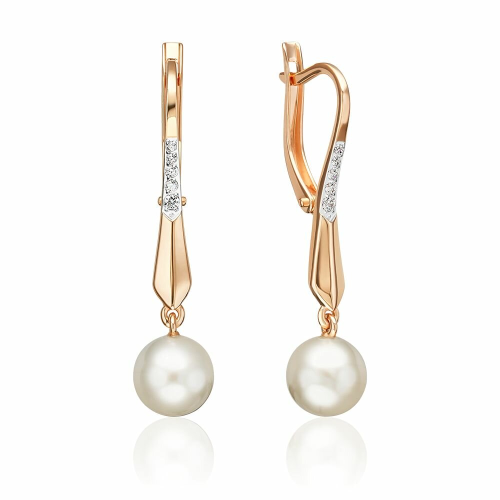 Серьги, красное золото, 585 проба, фианит, жемчуг культивированный