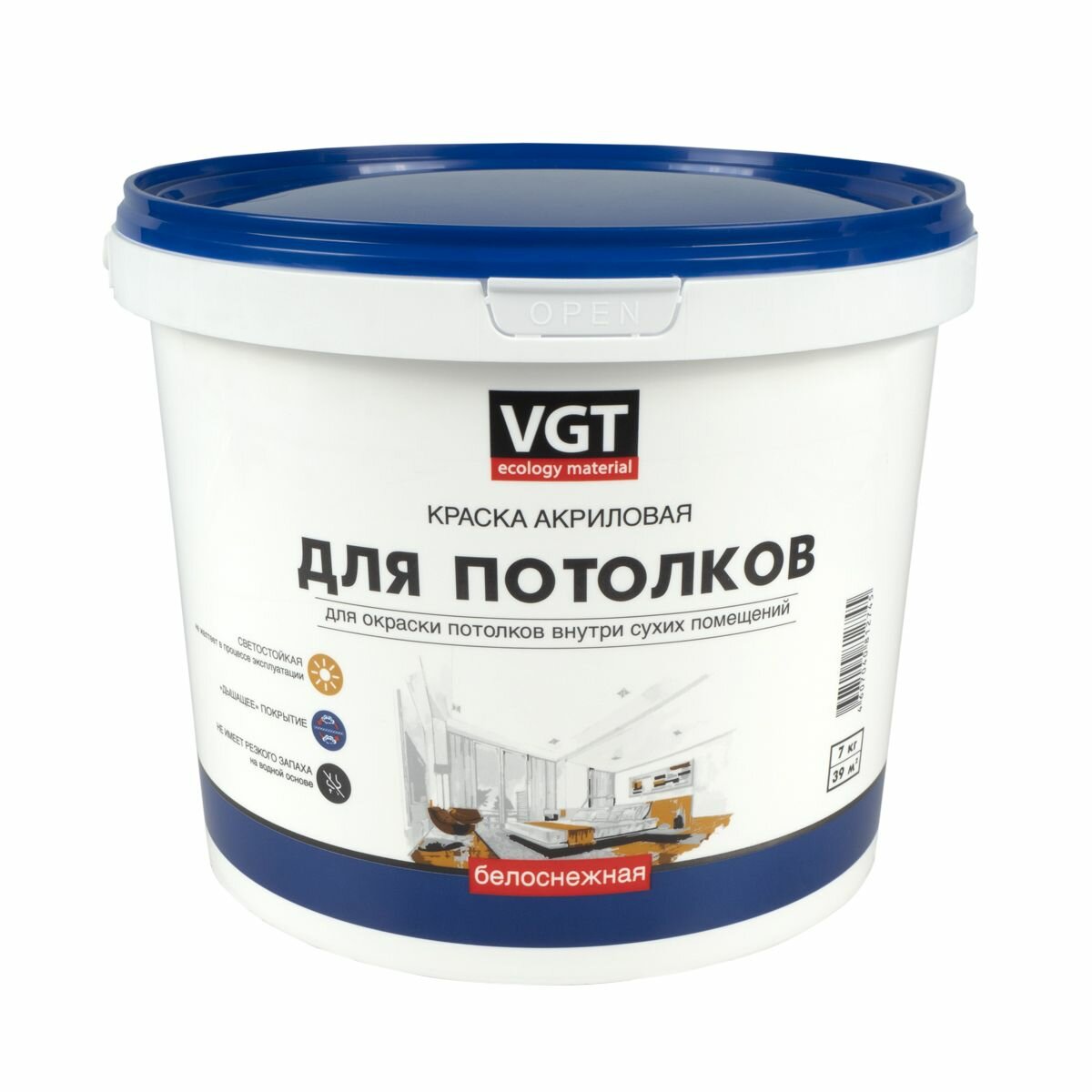 Краска для потолков VGT ВД-АК-2180, акриловая, белоснежная, 7 кг