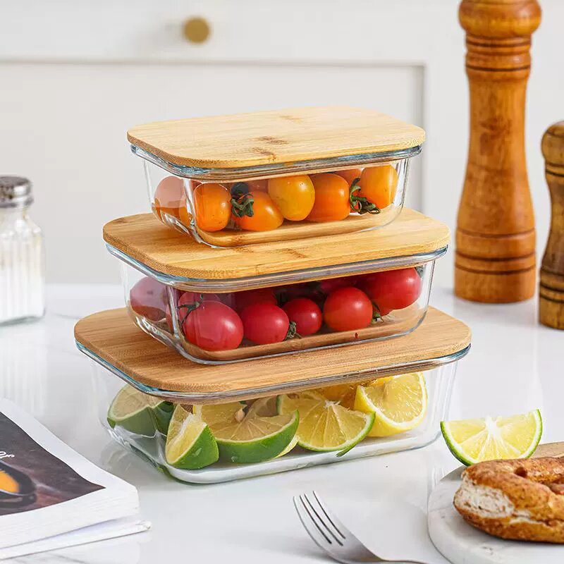 Набор пищевых контейнеров для еды из жаропрочного стекла 3 штуки с крышкой из акации: 520 мл, 800 мл и 1200 мл