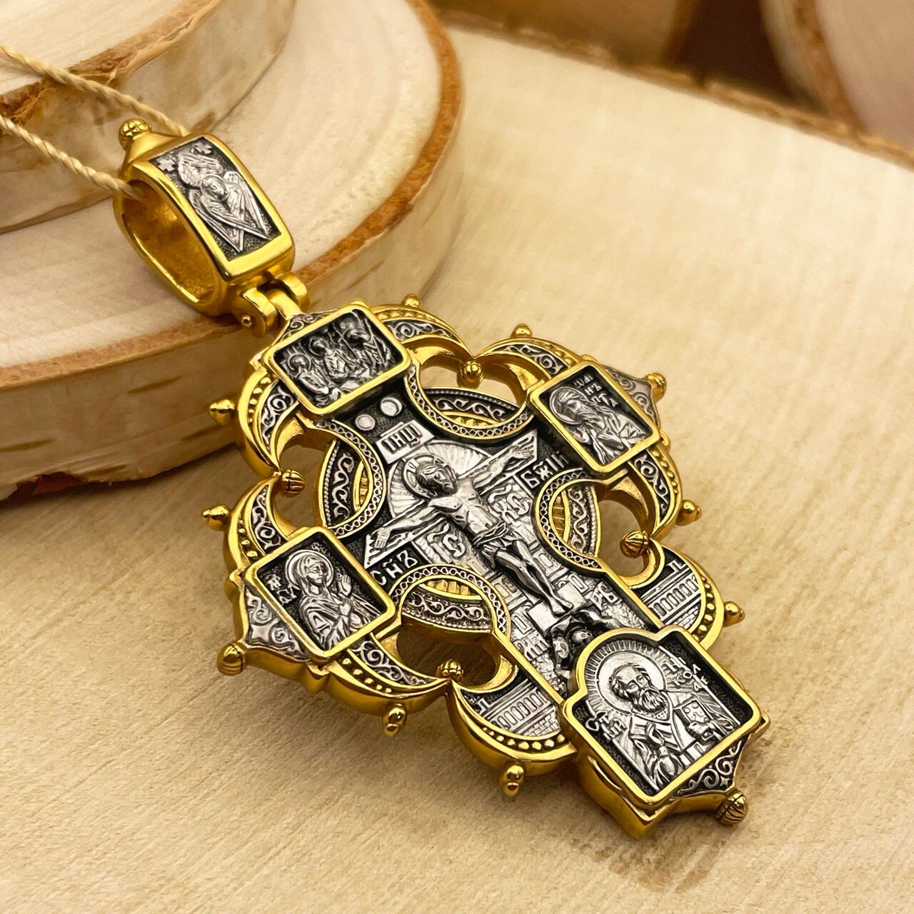 Крестик Русские Мастерские, серебро, 925 проба, чернение, золочение, оксидирование