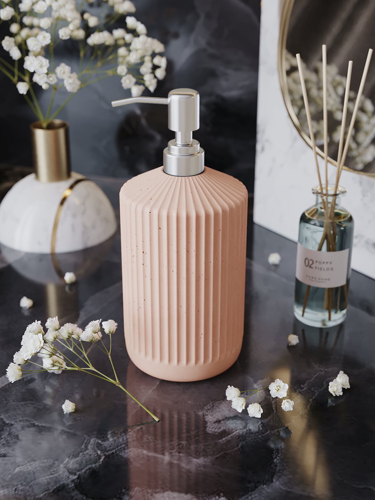 Дозатор для жидкого мыла MUSKO HOME Chloe, 0,4 л, из бетона, розовый глянцевый