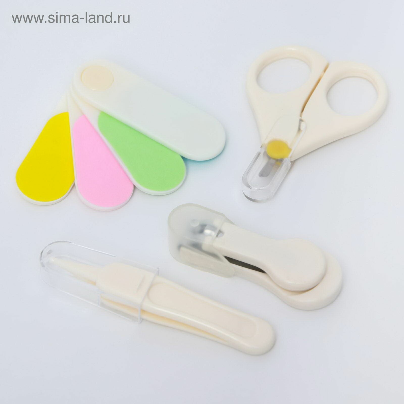 Набор маникюрный детский, 4 предмета: безопасные ножницы, щипчики с ручкой, пилочка, пинцет, белый