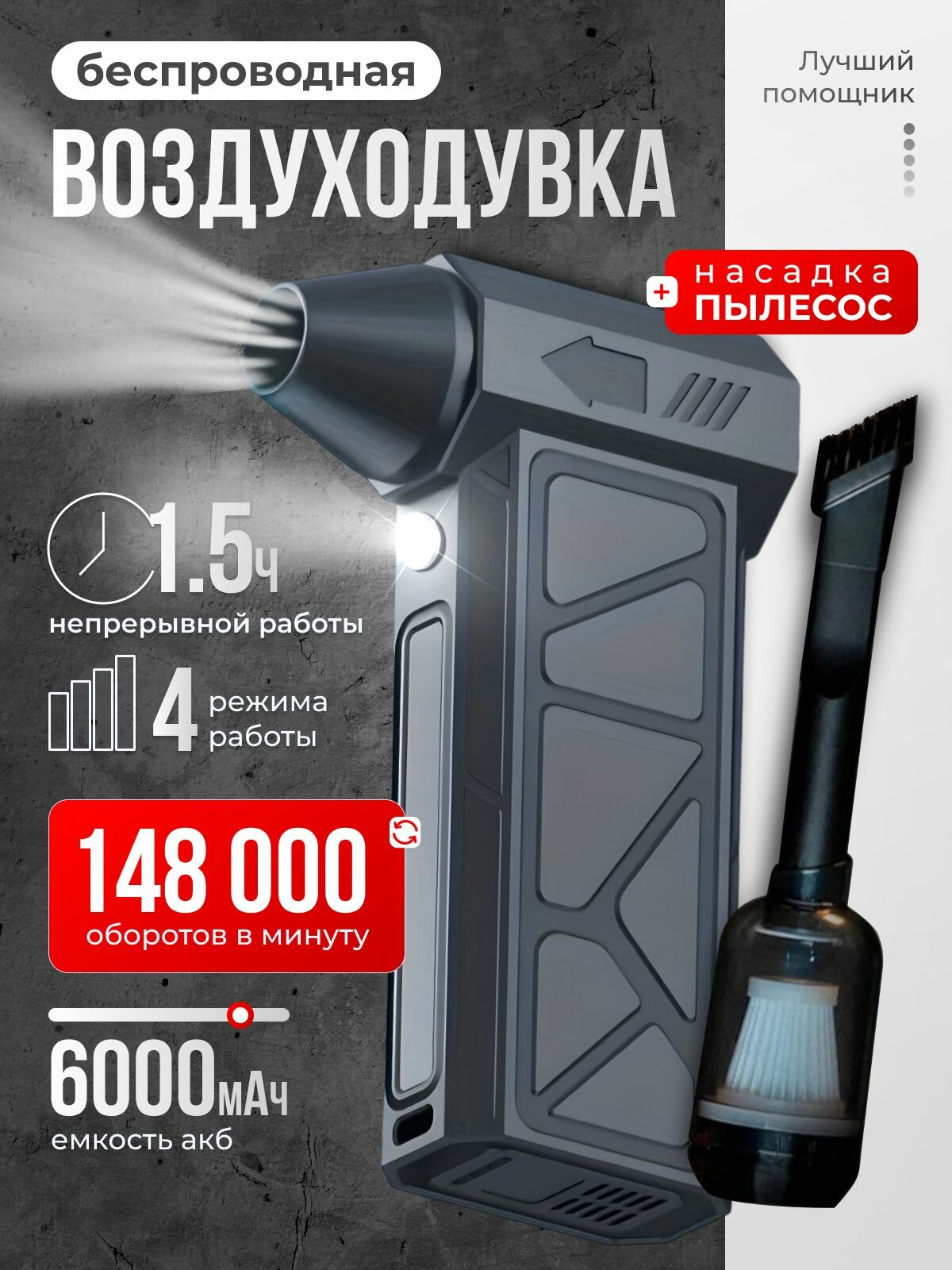 Воздуходувка аккумуляторная 2 в 1 / Ветродуйка с функцией пылесоса / Воздуходувка для компьютера, Турбовентилятор