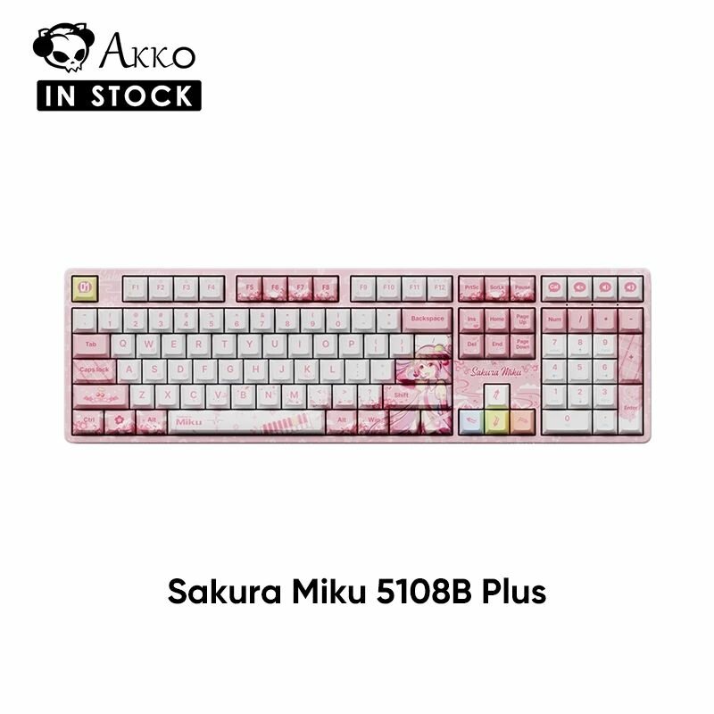 AKKO Клавиатура беспроводная Полноразмерная механическая клавиатура Akko Sakura Miku 5108B Plus с беспроводным подключением и возможностью горячей замены RGB-подсветки, (RK Cyan), Английская раскладка, розовый