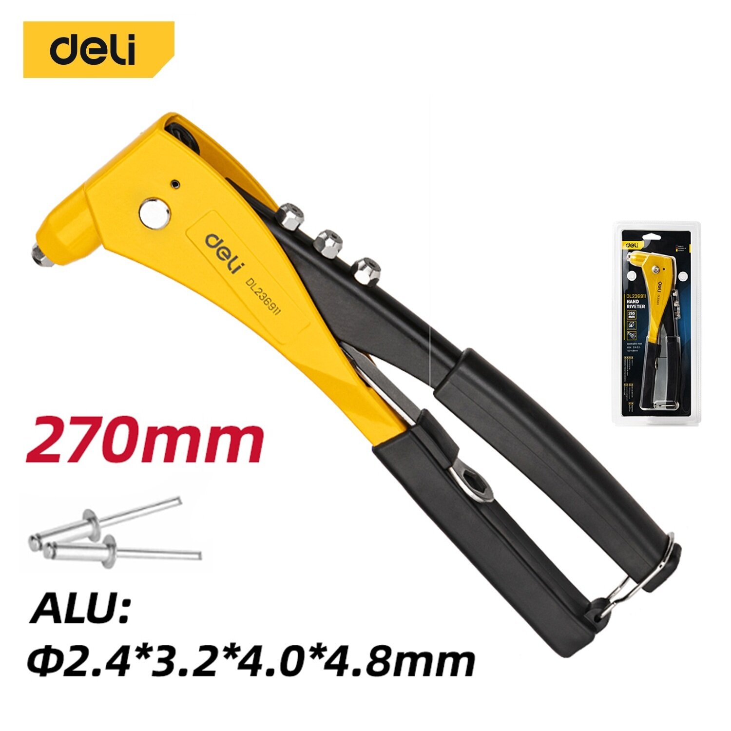 Ручной заклепочник 260мм Deli DL236911 (Cr-Mo+алюминиевый сплав, диаметр 2.4-4.8 мм)