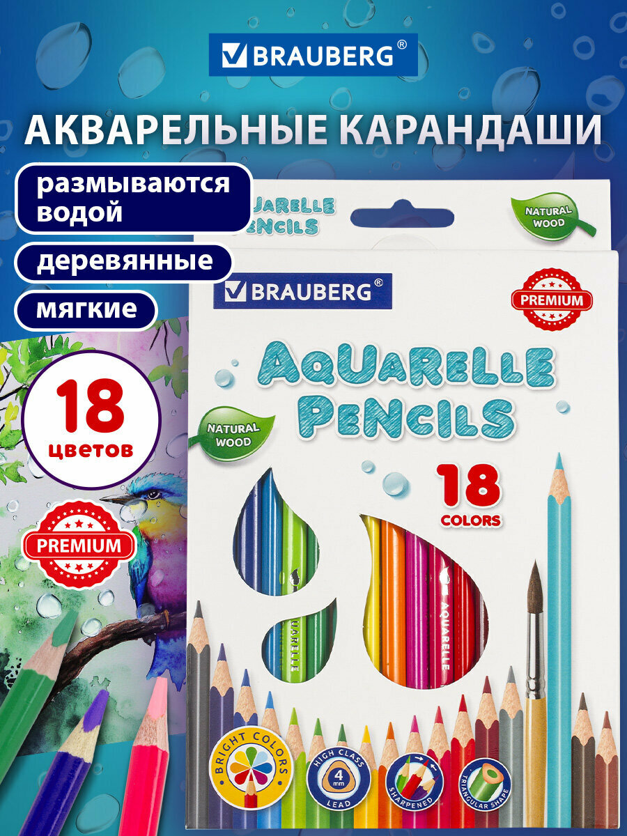 Карандаши акварельные цветные для рисования Brauberg Premium Aquarelle, 18 цветов, трехгранные, утолщенный грифель 4 мм, натуральное дерево, 181672