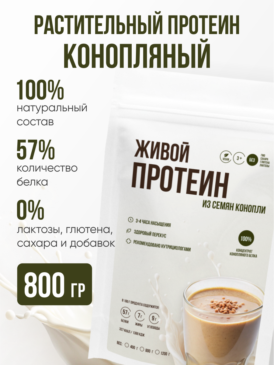 Растительный протеин из семечек конопли от бренда "Живые Листья" 800 гр.