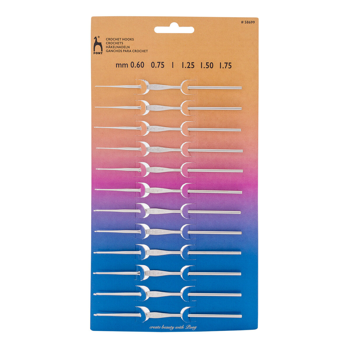 Набор крючков вязальных 0,6/0,75/1,0/1,25/1,5/1,75 мм*12 см, сталь, 12 шт PONY 58699