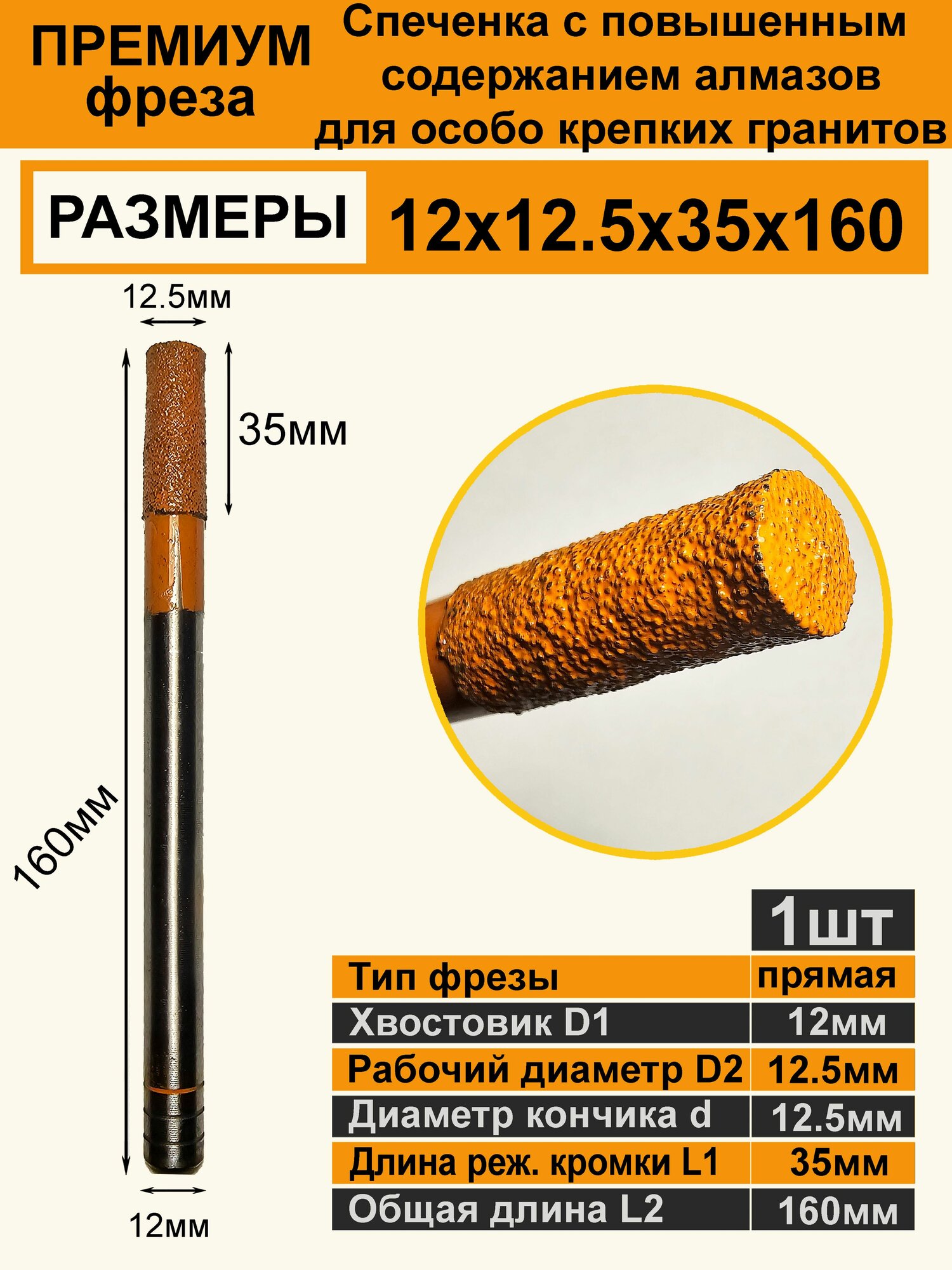 Премиум Cilindr 12.5-35-160 Фреза по граниту - особо крепкая (цилиндр, спеченка).