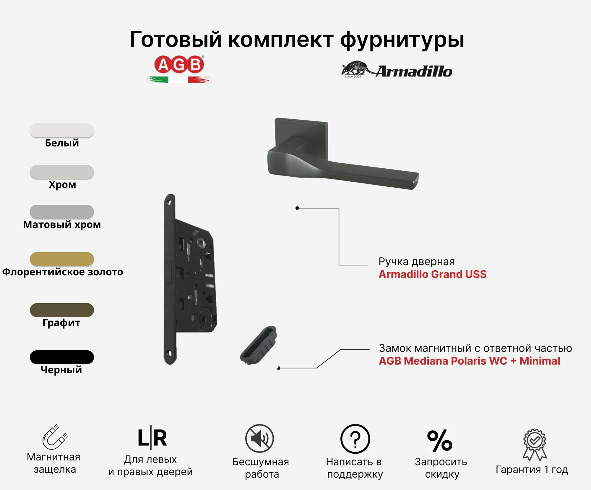 Комплект Ручка дверная Armadillo GRAND USS BL-26 + Замок магнитный бесшумный AGB Mediana POLARIS WC, Черный