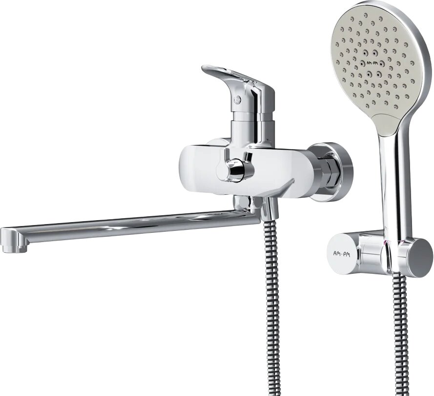 Смеситель с длинным изливом для ванны AM.PM Like F8095000 с душевым гарнитуром, поворотный, латунный, хром, глянцевый, смеситель для ванны с душем, рычажный, с настенным держателем
