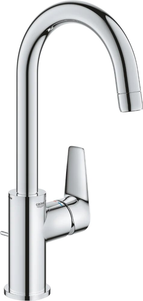 Смеситель для раковины Grohe BauEdge 23760001 хром, глянцевый, кран для ванной в раковину, из латуни, рычажный, с поворотным изливом, с керамическим картриджем, с функцией экономии расхода, с донным к