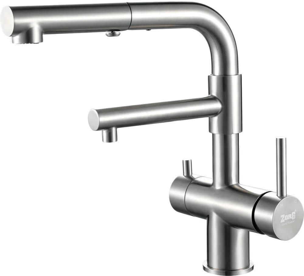 Смеситель для кухни Zorg Sanitary SZR-3216 с краном для питьевой воды, с поворотным изливом, хром, матовый, однорычажный, латунный, с керамическим картриджем
