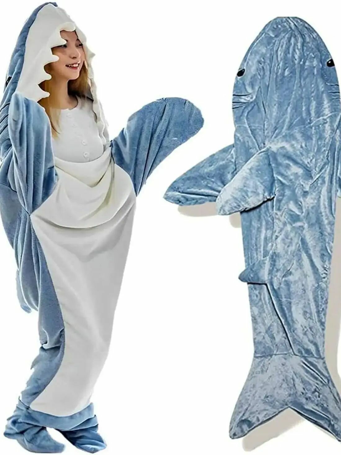 Костюм-пижама кигуруми акула для детей и взрослых, уютное одеяло-мешок с капюшоном, плед-накидка из качественного флиса