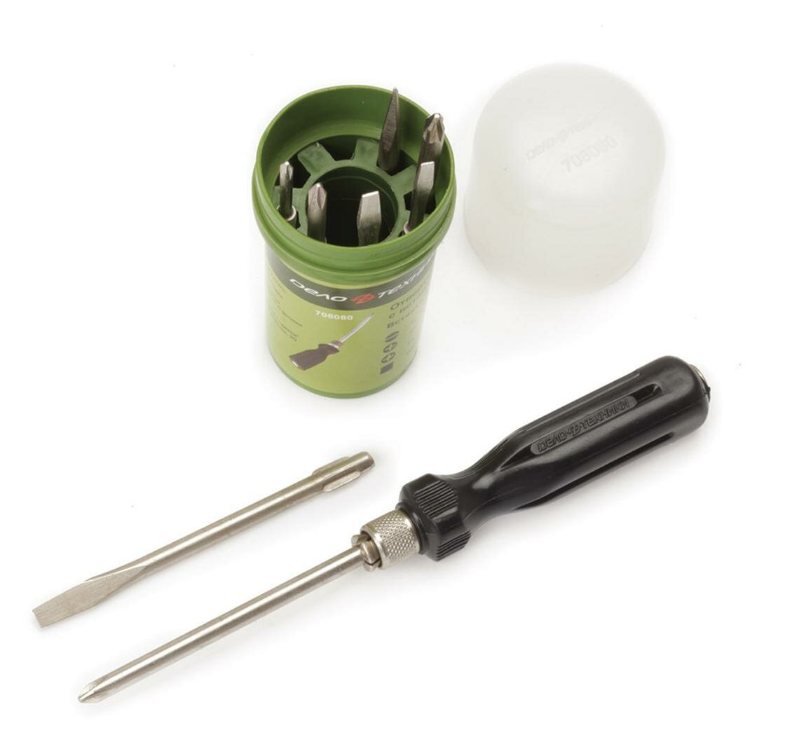 Отвертка цанговая с вставками 8 предм. 110 мм (Шлиц 6,5,3 мм, РН0, РН1, РН2, PZ2, шило) 70/5 708080