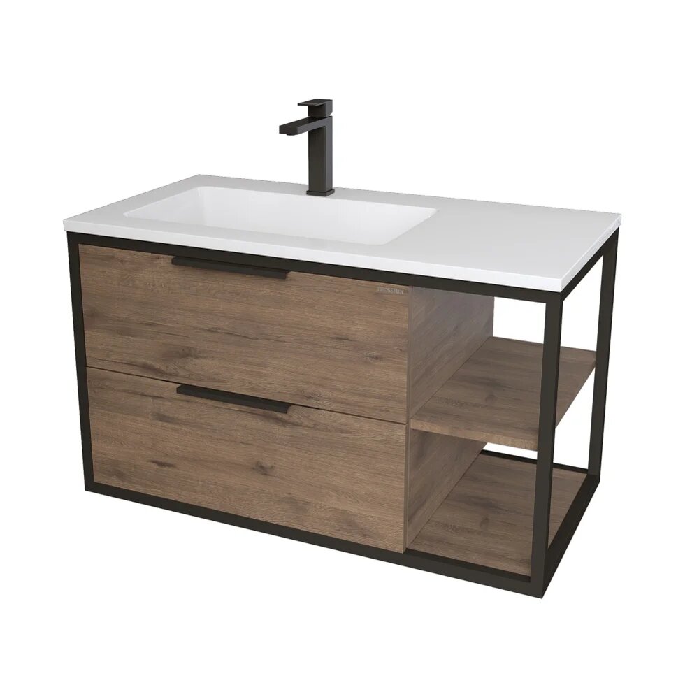 Тумба под раковину без столешницы Grossman Лофт 90 подвесная, темное дерево, матовая, из ЛДСП, тумба для ванной, с ящиками, с доводчиками, лофт
