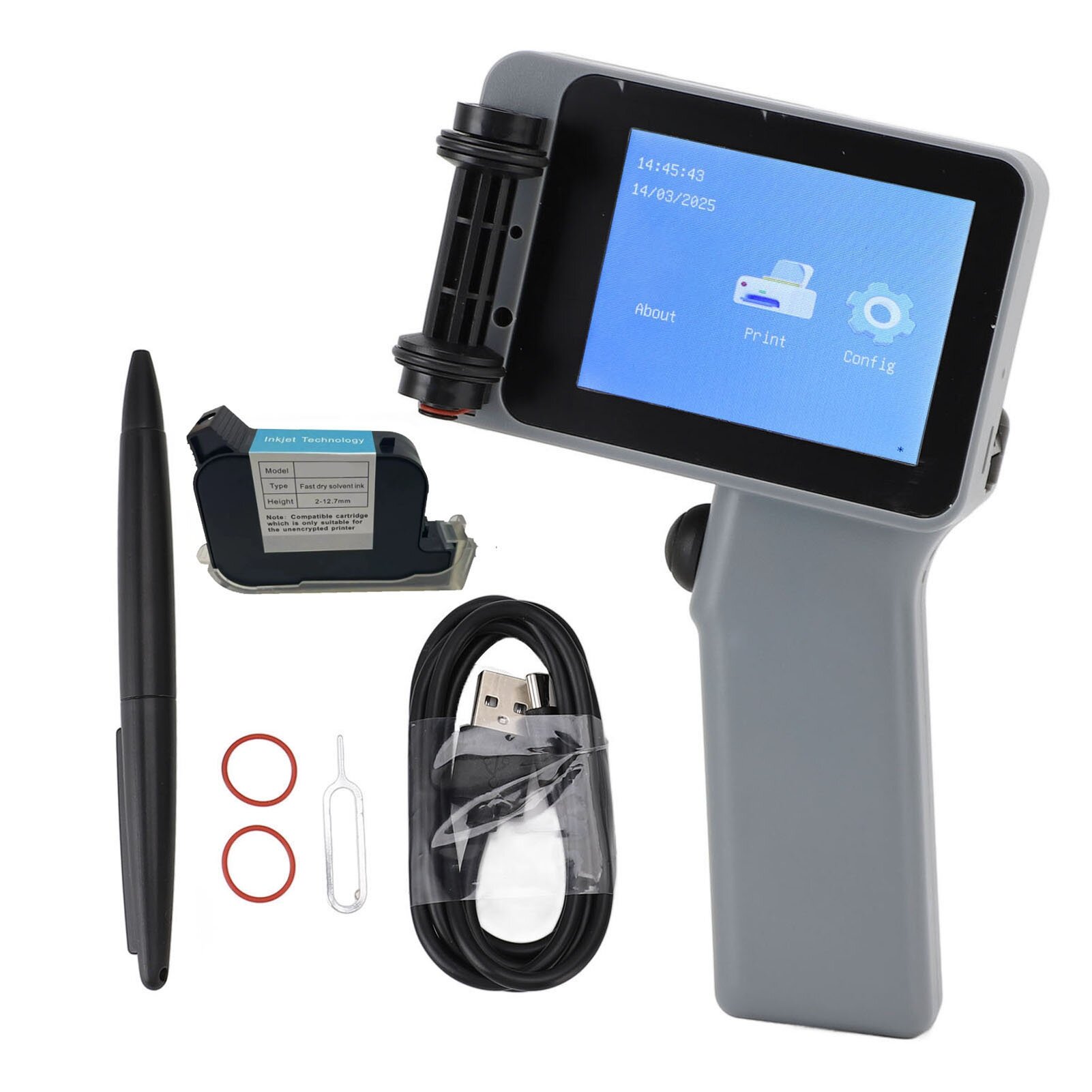 Ручной струйный принтер-пистолет Маленький портативный HD LED 4,3-дюймовый сенсорный экран 12,7 мм серебристый с черным картриджем 42 мл для штрих-кода