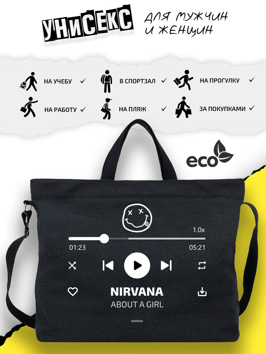 Сумка  шоппер y2k через плечо Nirvana Нирвана, черный — фото 1