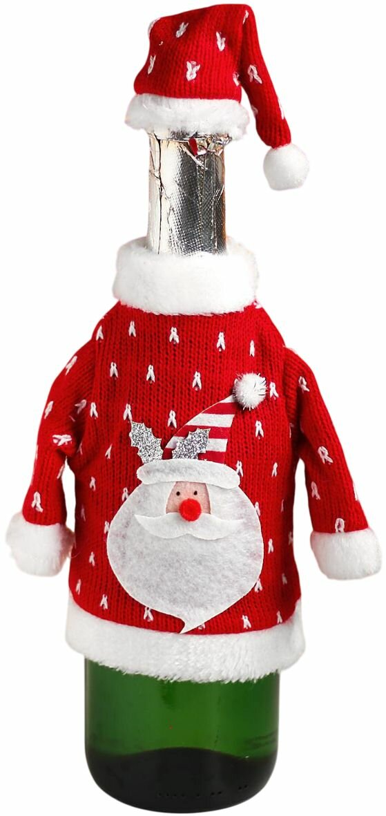 Декоративный чехол на бутылку "Костюм Деда Мороза" новогодний, с шапочкой, одежда для стеклянной бутыли, для шампанского