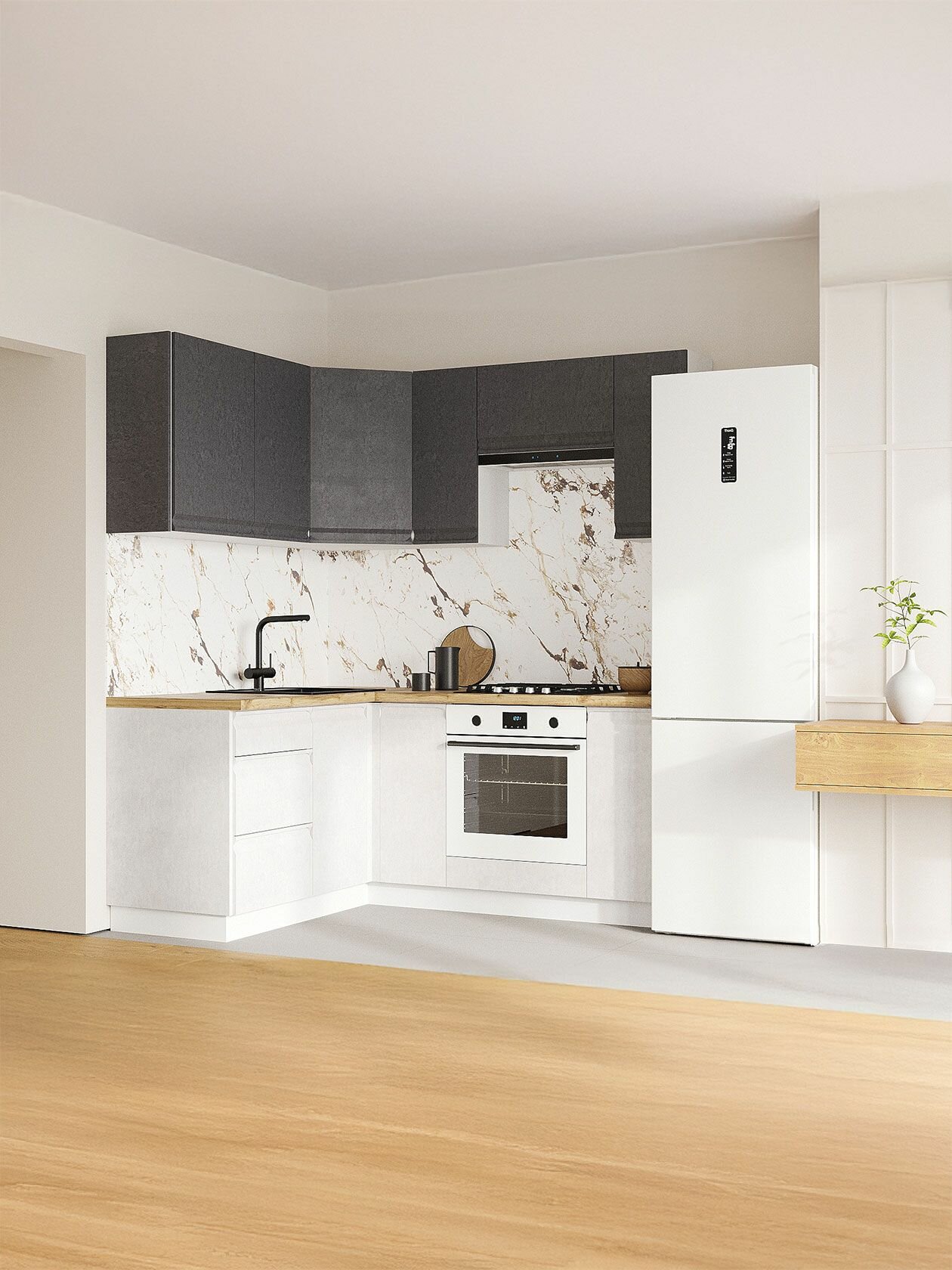 Кухонный гарнитур Велюр 180х150 см, мебель для дома и кухни, Белый / Бетон графит / Бетон снежный