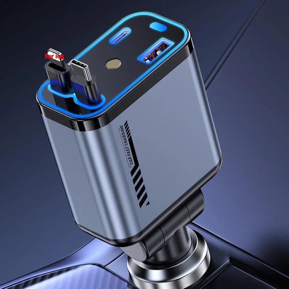 Выдвижное автомобильное зарядное устройство с адаптером Starlight Type-C 120 Вт Автомобильное зарядное устройство 4 в 1 с 2 USB-портами Star Top Light, For-iOS-PD-C6