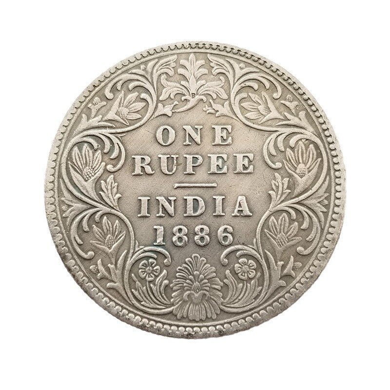 Памятная монета номиналом 1 рупия Индии 1886 года, старинная копия монеты с цветочным узором в кайме, коллекционная медная монета в винтажном стиле, историческая монета с тисненым узором для демонстрации или коллекции.
