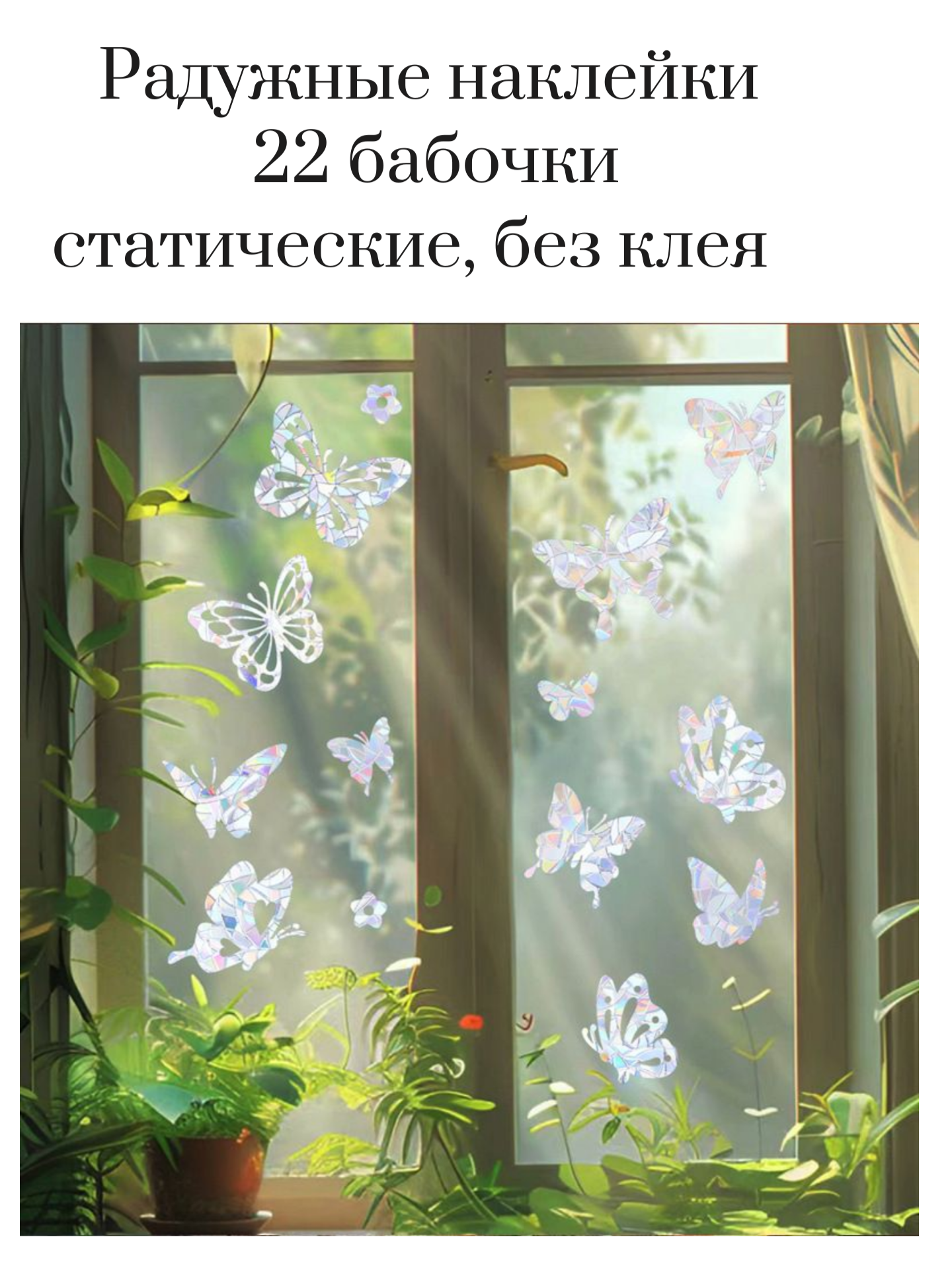 Наклейки на окно, 22 бабочки, радужные, без клея, 3D эффект, Ловец солнца