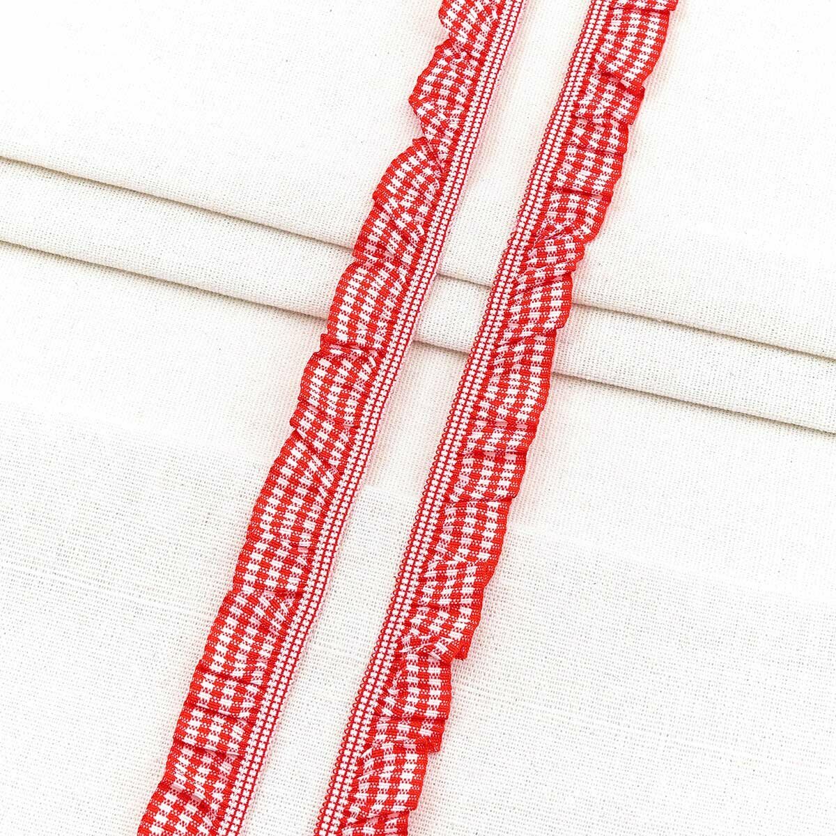 Тесьма для рукоделия с рюшем эластичная, односторонняя, в клетку, ширина 2 см, длина 2м, цвет красный