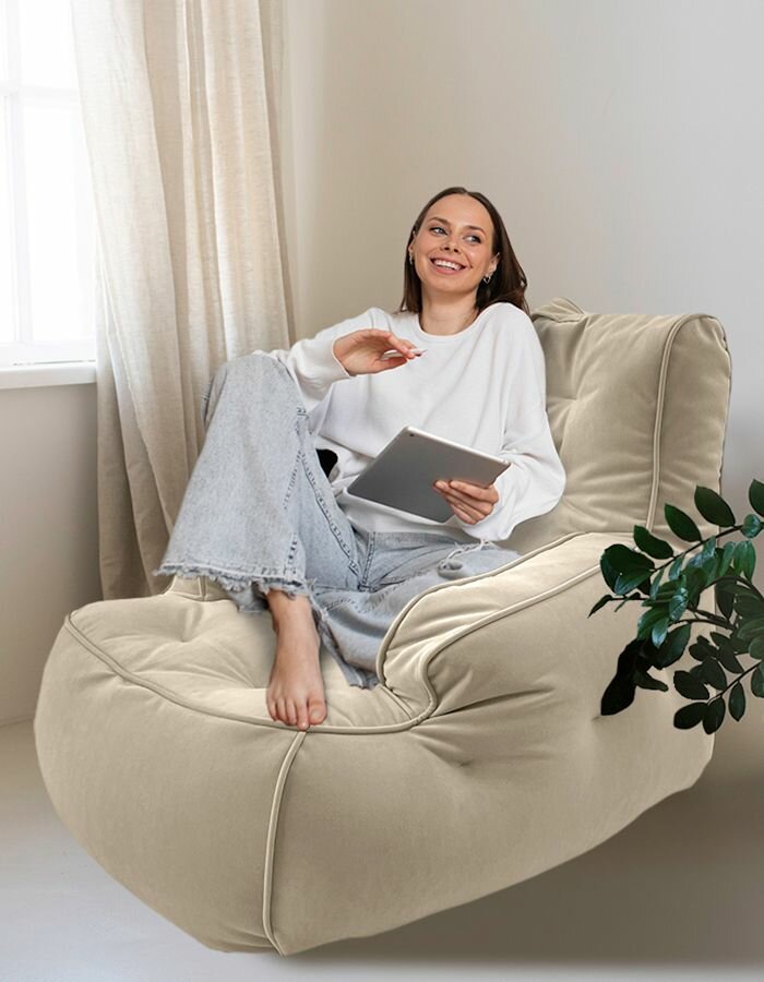 Современное кресло для отдыха aLounge - Tranquility Armchair - Eco Weave (велюр, бежевый) - бескаркасная мягкая мебель в гостиную, спальню, зону ожидания