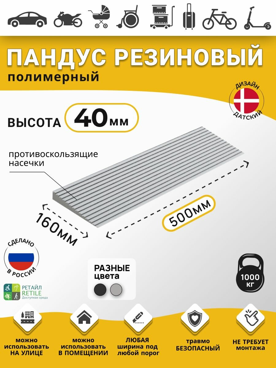 Пандус резиновый рубеж для порогов высотой 4 см (40х500х160 мм), серый, для колясок, склада и автомобилей
