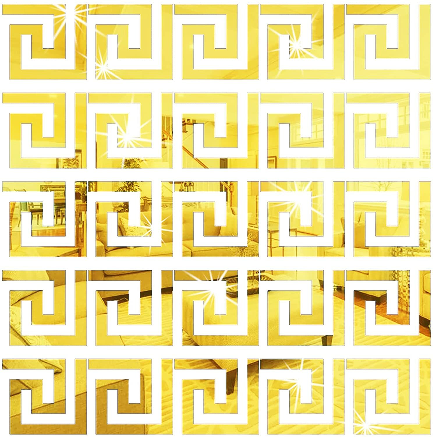 30 Пcs DIY Наклейки Зеркальные Доступные Для Удаления Наклейки На Стену Декали Для Дома Арт-Комнаты Спальни Фона Декор (Геометрический Паттерн Греческой Ключи, Золотой), Акрил, Акриловое Зеркало, UV-Печать, Матовая Лакокрасочная Покрытие, Серебро,