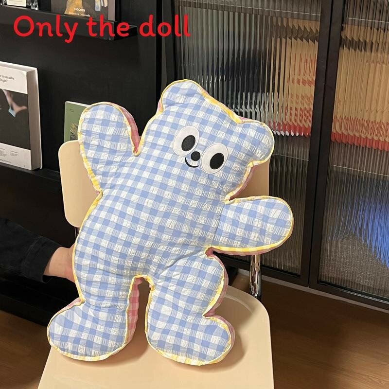 Bear cushion with padded foam and grid design for home office or sofa use, blue