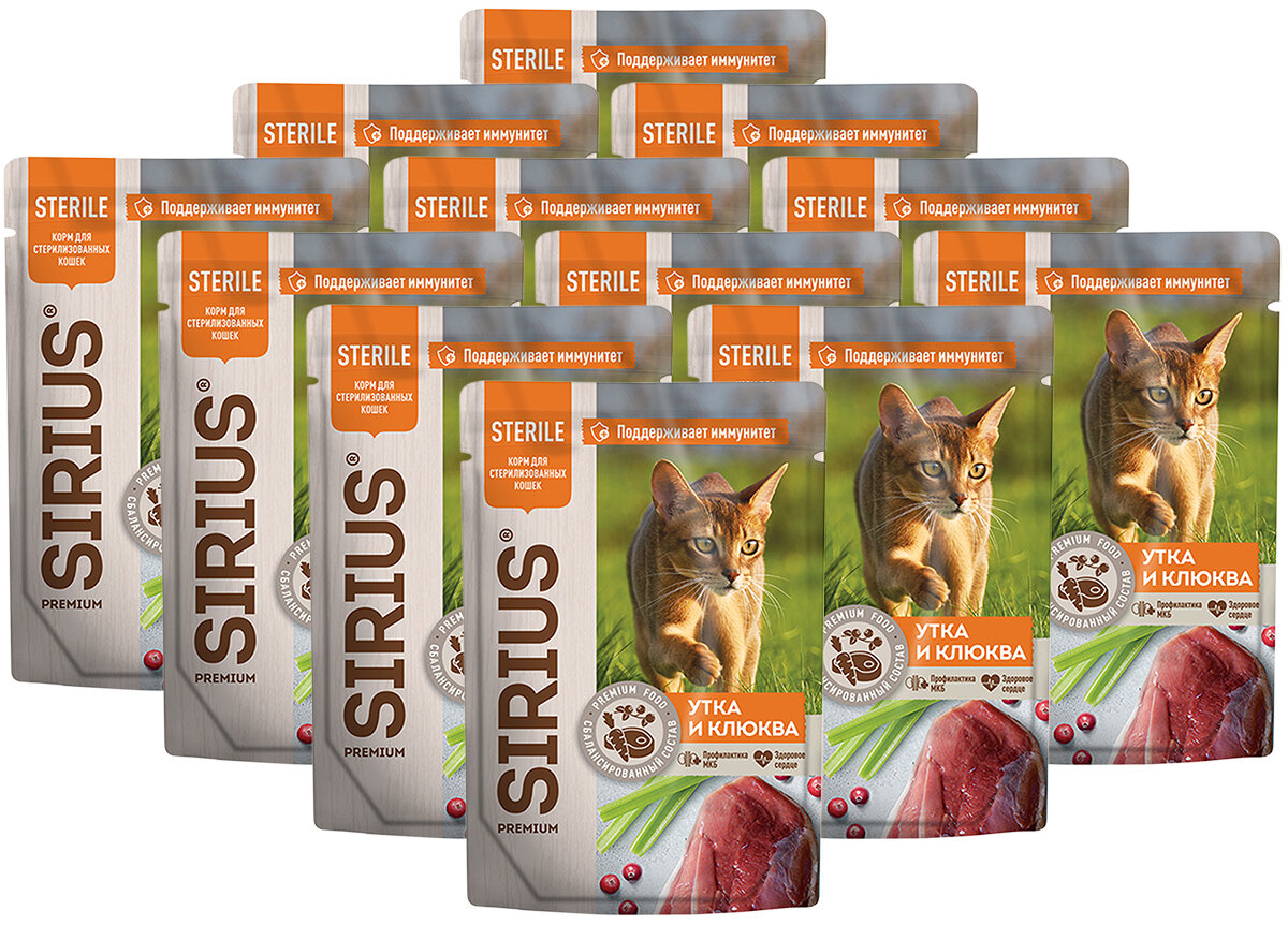 Корм влажный Sirius Premium Sterile для кастрированных котов и стерилизованныхк, утка и клюква в соусе, 85 г х 12 шт