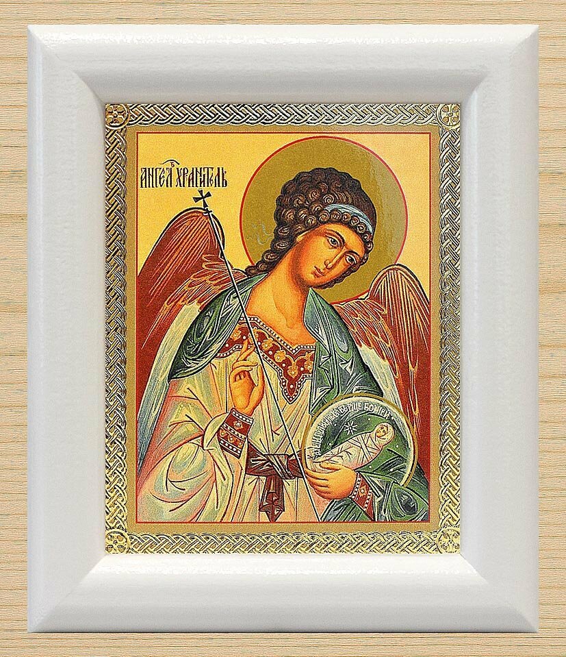 Ангел Хранитель (лик № 110), икона в белой деревянной рамке 8*9,5 см