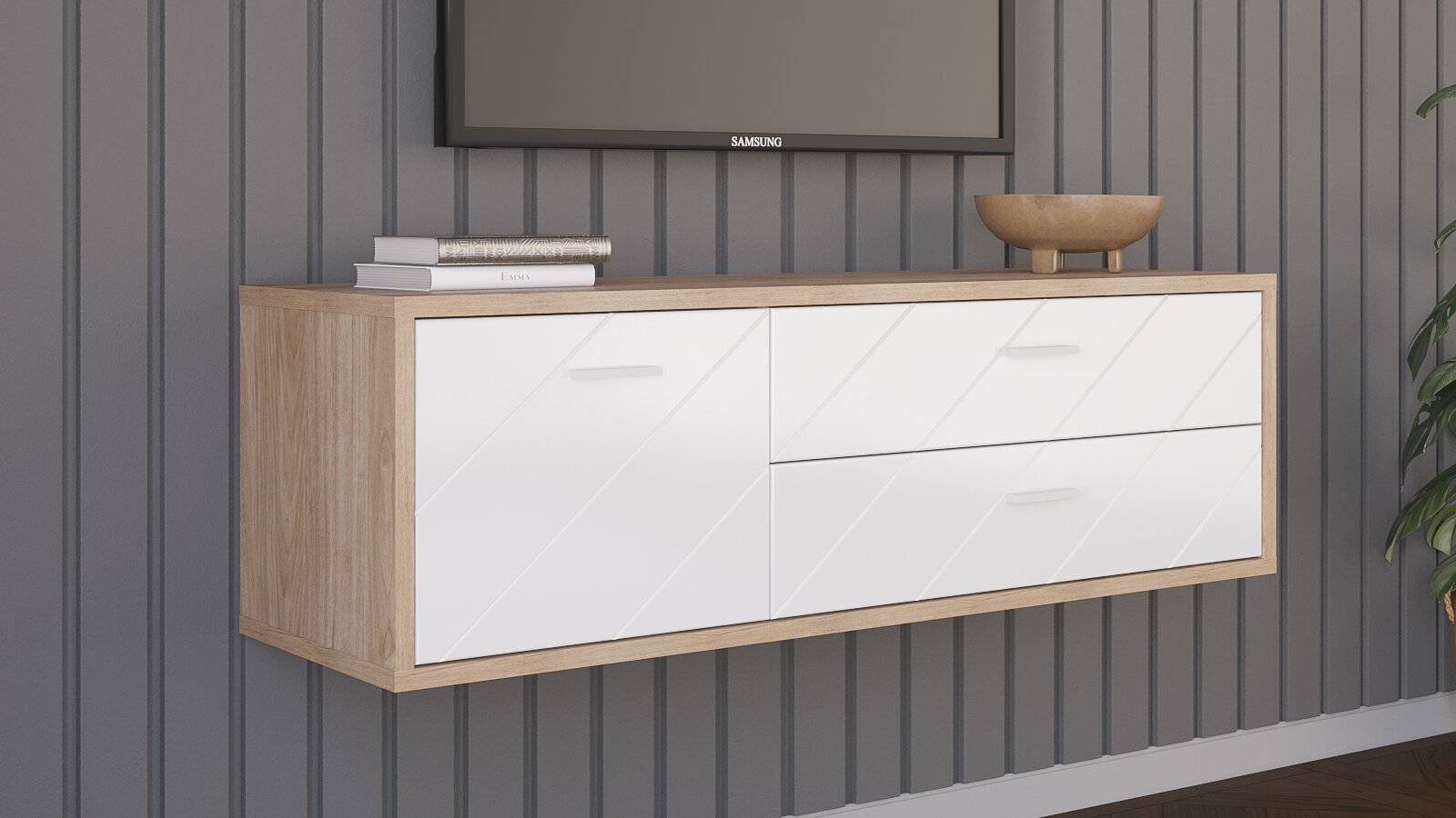 Тумба навесная однодверная с ящиками Askona (Аскона) Agira (Агира) 135x42x41 Гикори кингстон+Белый блеск