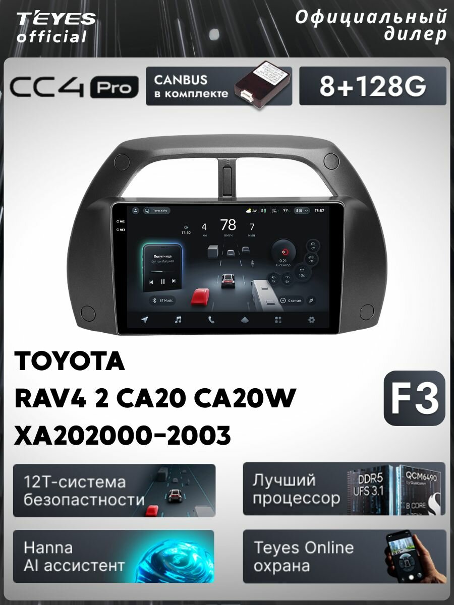 Магнитола Toyota RAV4 2000-2003 Teyes CC4 Pro 8/128GB, штатная магнитола, 8-ми ядерный процессор, QLED экран, 2 DSP, 4