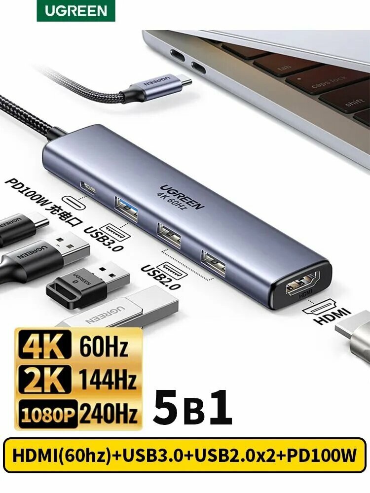 Ugreen USB-Концентратор 5-in-1 / 4K@60HZ HDMI / USB2.0 / USB 3.0 / PD 100W Hub