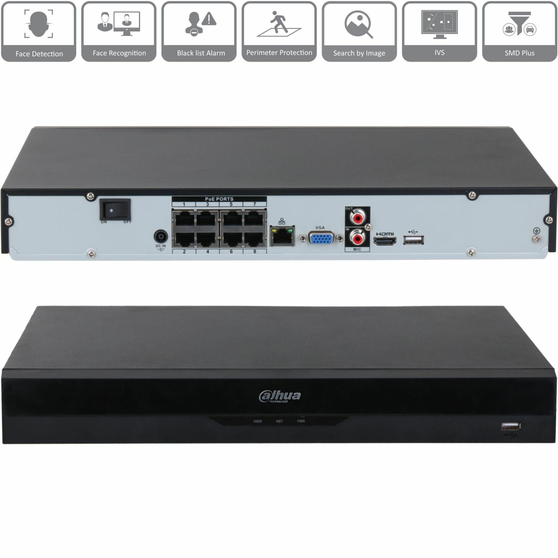 Dahua DH-NVR2208-8P-I2 - 8 канальный видеорегистратор IP для видеонаблюдения, NVR регистратор сетевой с PoE