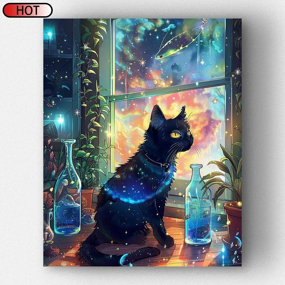 ForeverYoung Алмазная мозаика, алмазная вышивка 40x50 см с квадратными смоляными стразами + AB стразами - Звёздный кот, безрамочная