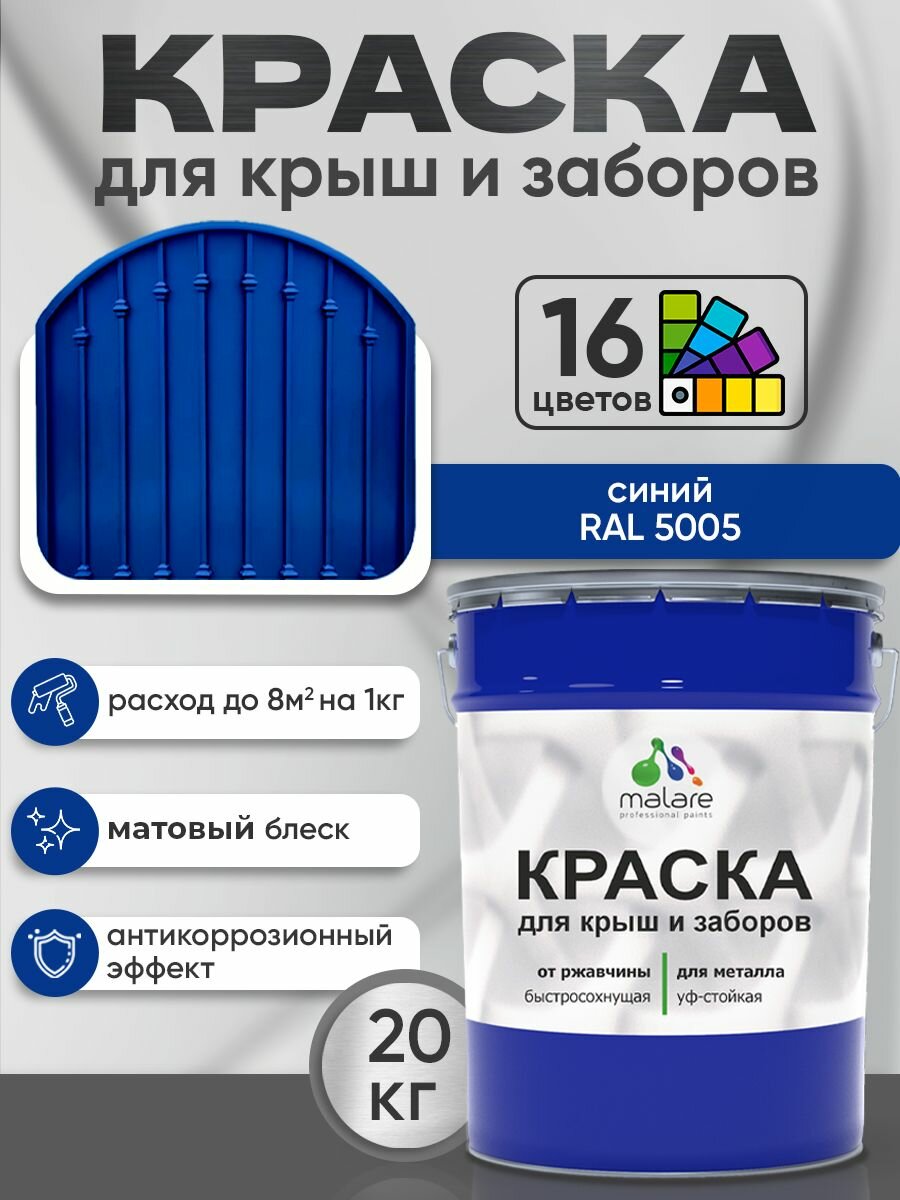 Краска по металлу Malare для крыш и заборов по ржавчине, для наружных работ, быстросохнущая износостойкая RAL 5005 синий, матовая, 20 кг