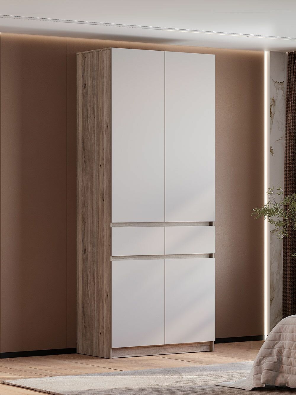 Распашной шкаф для одежды и хранения вещей Багира с полками, с ящиками, со штангой для одежды, 100.2х51х238.4 см, Дуб Смоки / Кашемир