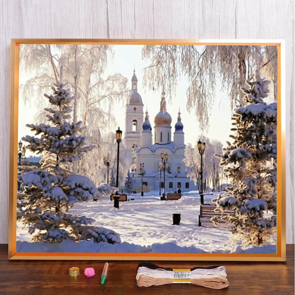 MEIAN Набор для вышивания,30x40CM, Чистый холст с сеткой,14CT, Церковь зимой