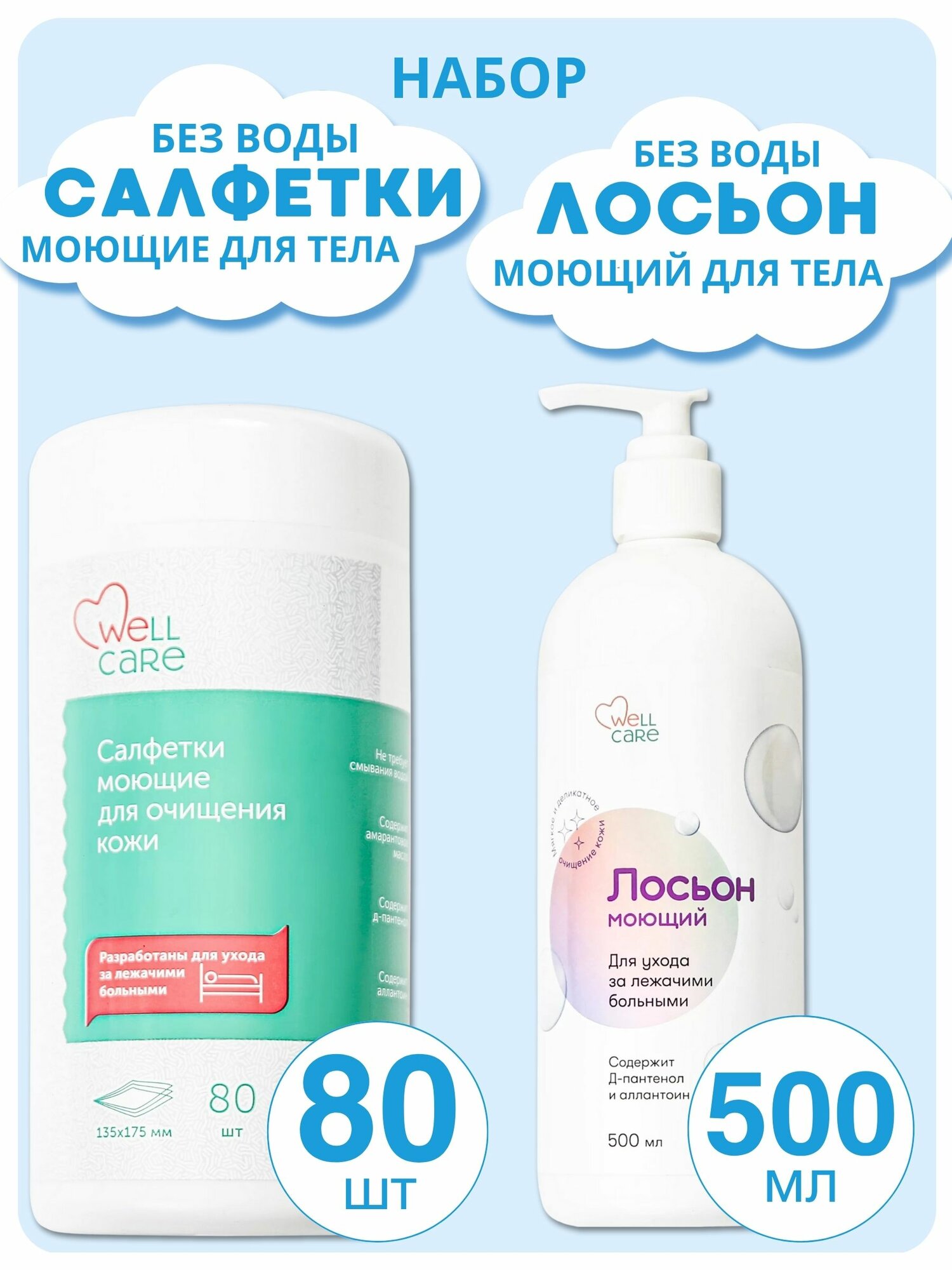 Комплект Лосьон моющий "WELLCARE", 500 мл + Салфетки моющие № 80 "WELLCARE"