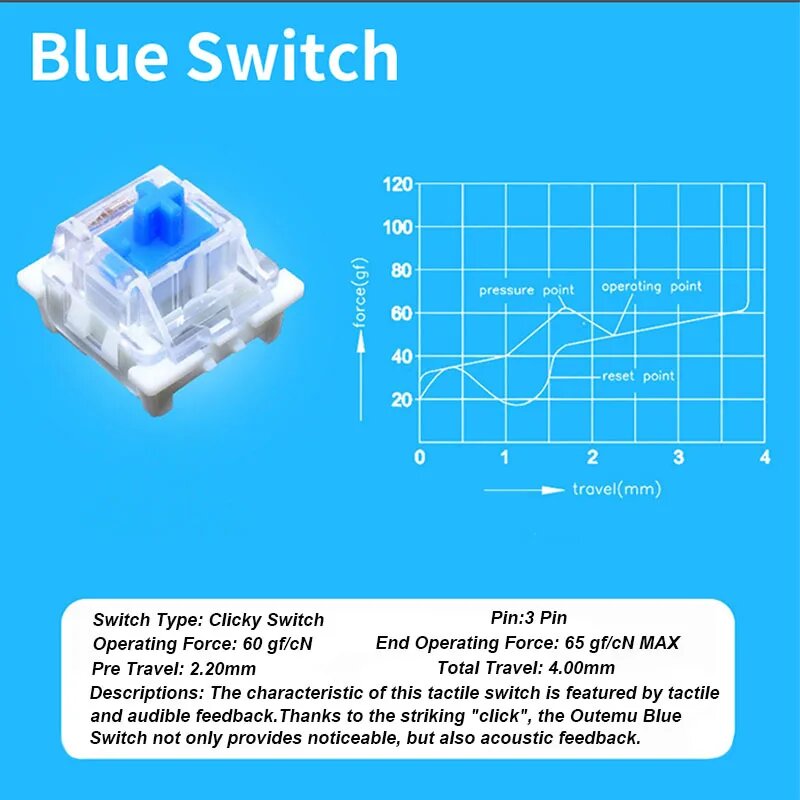 Chielecna механические переключатели для клавиатуры 3Pin линейные тактильные 6pcs, Blue Switch