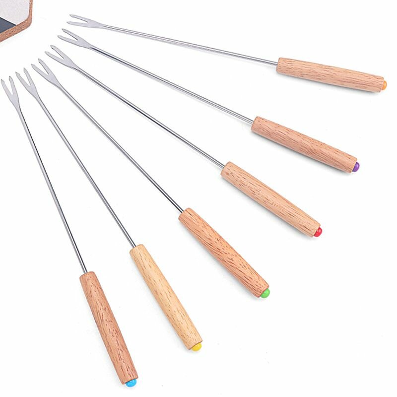 Вилки для фондю из швейцарского сыра, набор из 6 штук, дубовые ручки